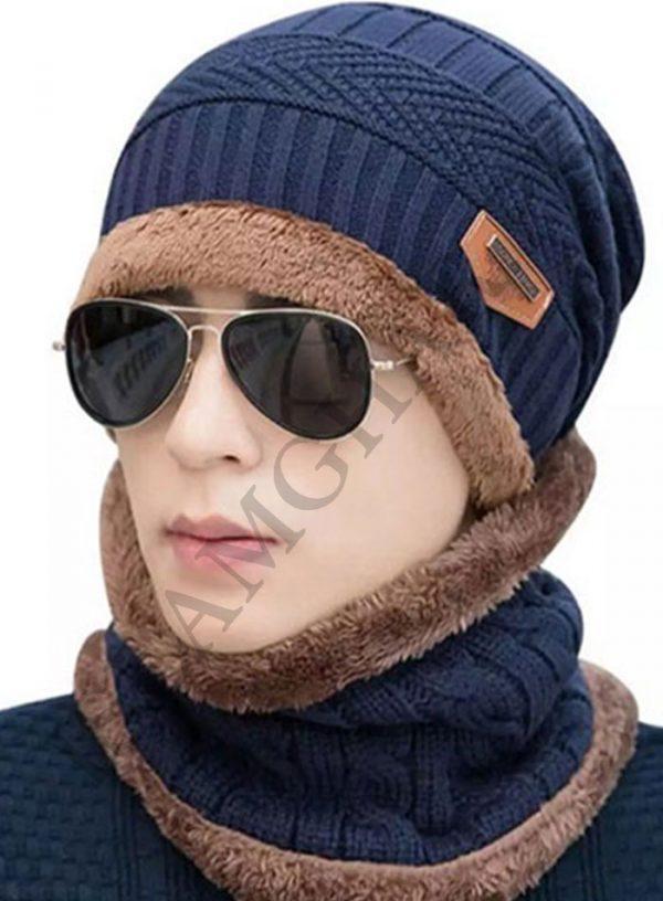 Cap And Neck Scarf Wool Warm Navy Blue Color - Online Islamic Store